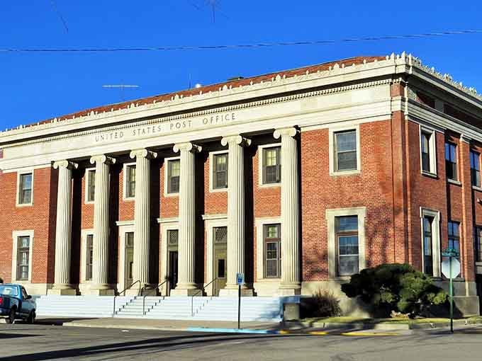 This post office features columns that suggest mail delivery was once considered a dignified profession.