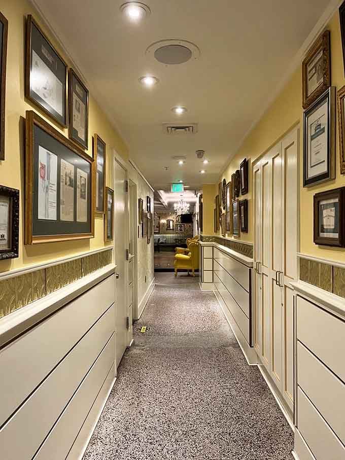 Framed memories line the hallway walls, creating a gallery of the restaurant's journey through Portland's culinary history.