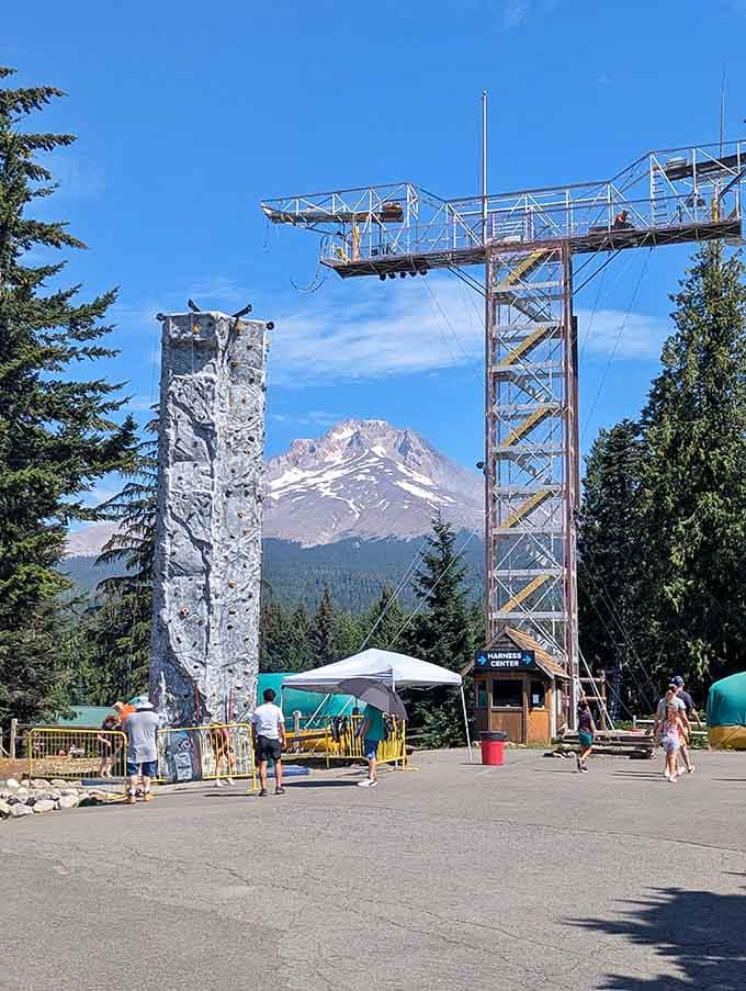 The climbing tower stands tall against Mt. Hood, offering bragging rights visible from the parking lot below.