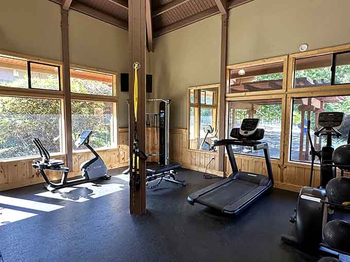 The fitness center features cardio equipment with forest views, so you can pretend hiking counts as your workout today.