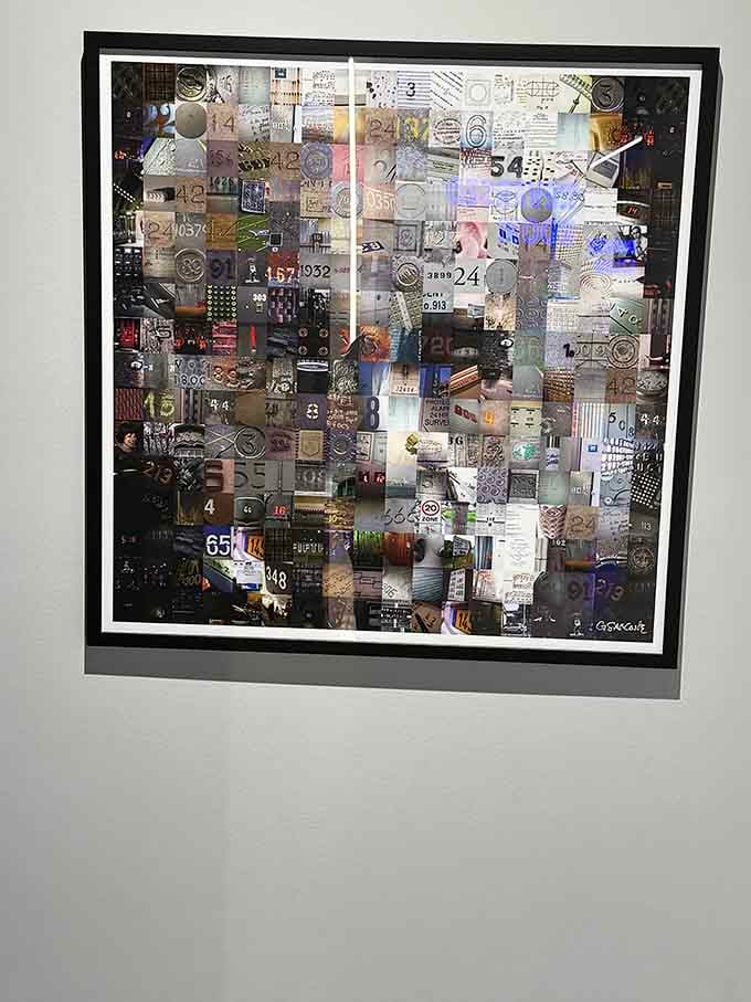 A collage of numbers and images that shifts meaning depending on where your eyes decide to focus.