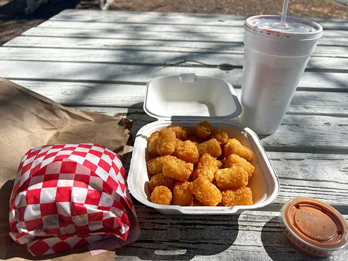 Tater tots basking in the sunshine like little golden nuggets of pure fried potato happiness and joy.
