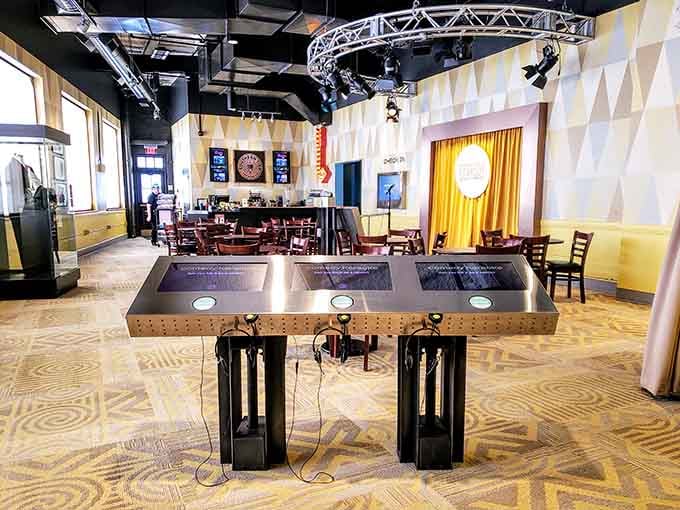 Comedy Karaoke stations let you perform classic bits, which is either brave or foolish depending on your confidence level and audience.