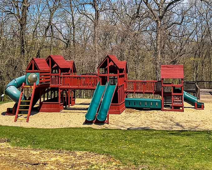 Playground equipment stands ready for young adventurers to create memories in this uniquely Swiss-American setting.