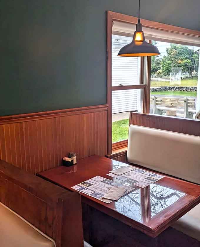 Window-side booth seating where you can watch small-town Bethlehem life unfold while tackling your triple-decker club sandwich with architectural precision.