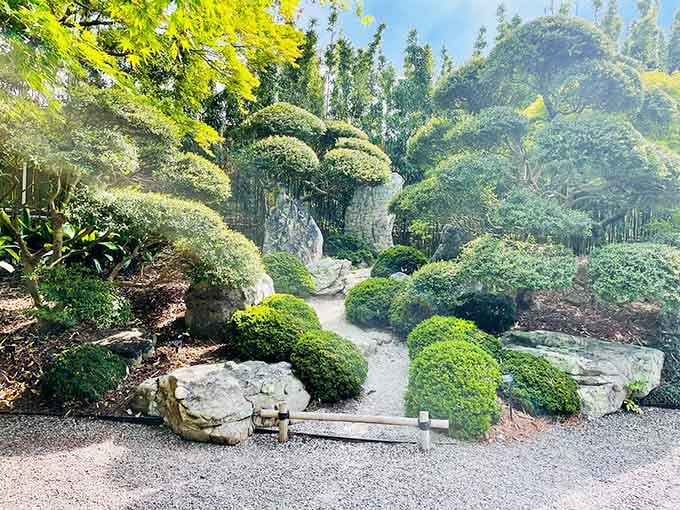 Sculpted evergreens in the Japanese garden demonstrate patience and precision, like bonsai trees that went to finishing school.
