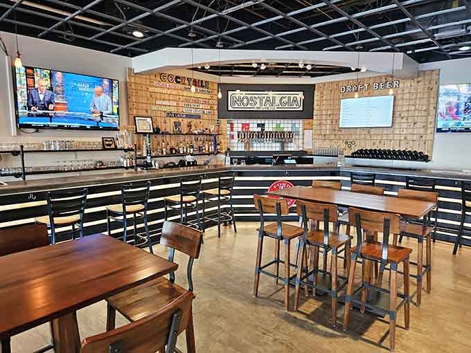 The bar showcases an impressive tap lineup and enough TVs to catch every game without developing a neck cramp.