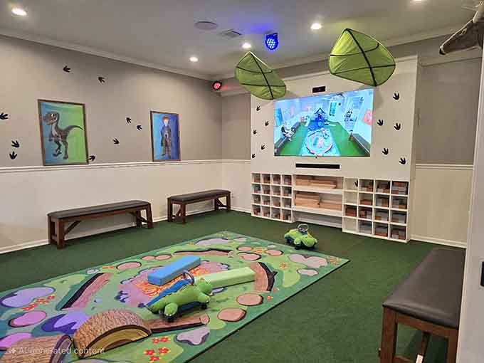 This peaceful play space lets little ones recharge between adventures, complete with dinosaur-themed comfort and creative inspiration galore.