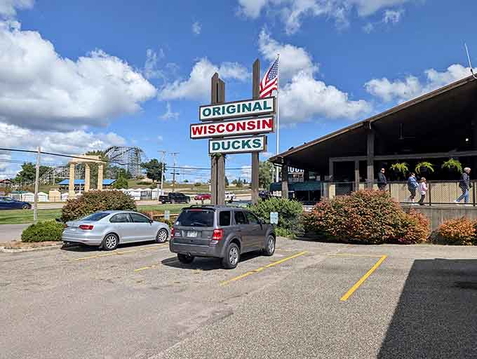 The parking lot where regular cars sit and dream about becoming amphibious vehicles when they grow up someday.
