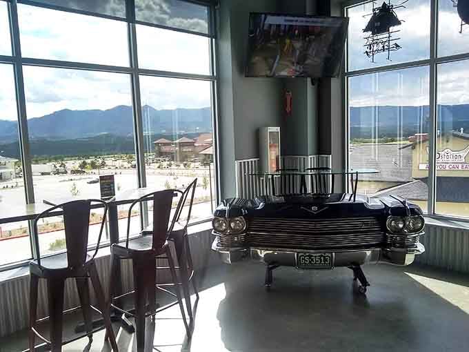 Spectator seating with mountain views lets you watch friends fail spectacularly in comfortable style.