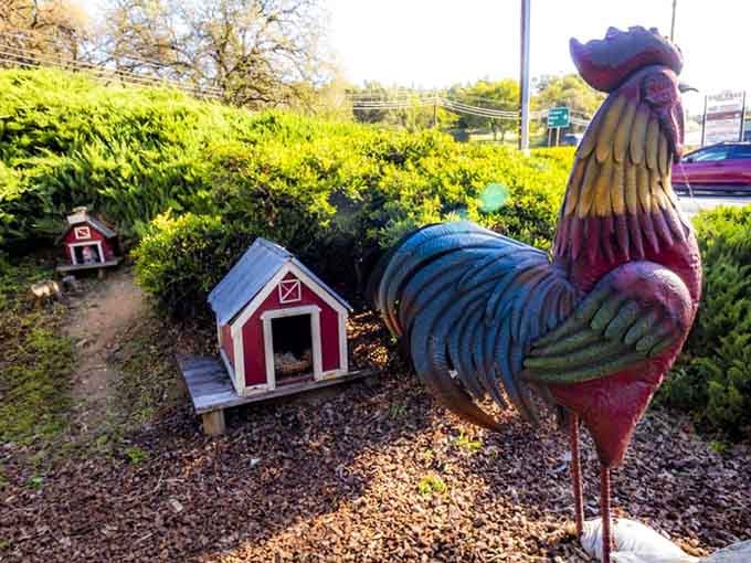 Even the outdoor rooster statue knows this place is all about celebrating the humble, magnificent chicken and egg.