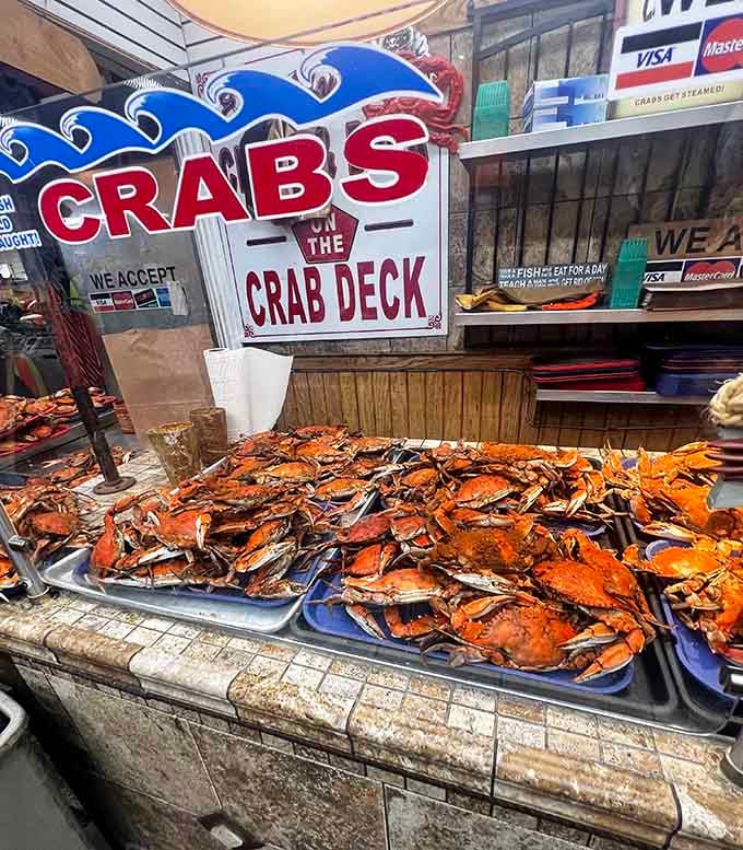 Fresh Maryland crabs piled high remind you that even flea markets know how to do seafood the Baltimore way.