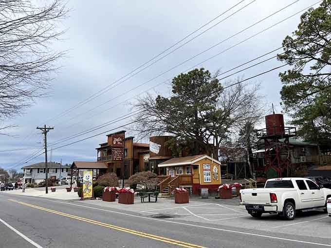 The street view reveals a complex that sprawls like a small town dedicated entirely to feeding people and making them smile.