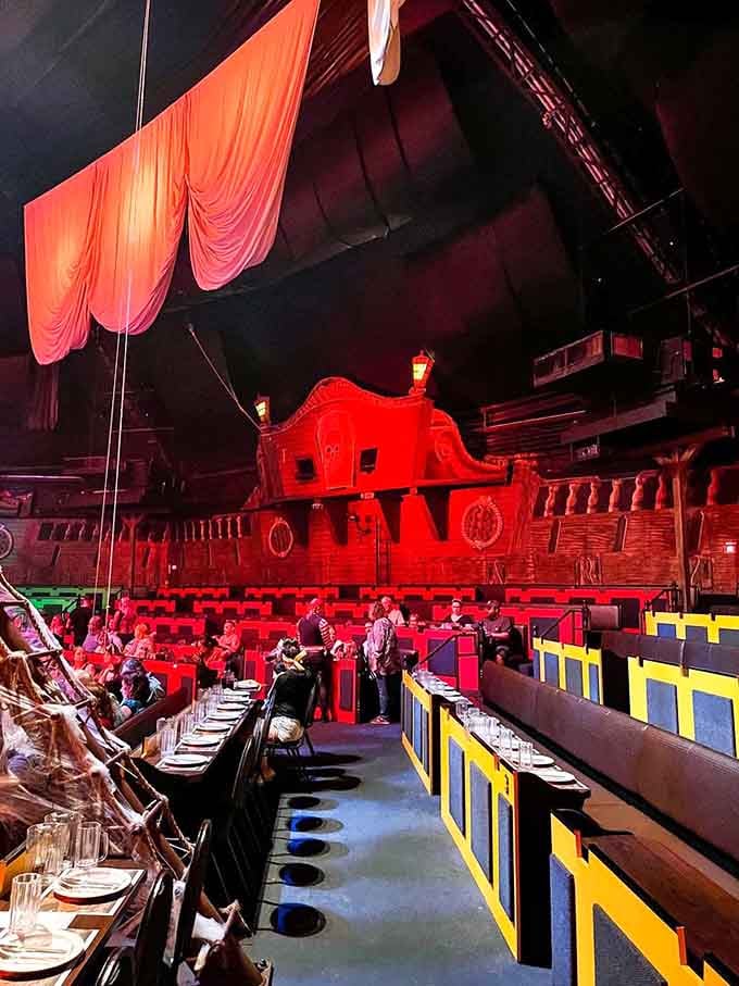 Stadium-style seating around the lagoon ensures everyone gets a view of the acrobatics, splashes, and occasional pyrotechnics.