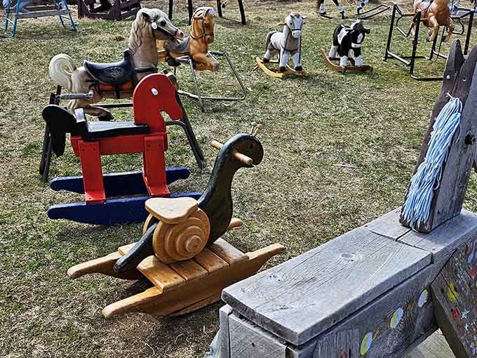 A rocking snail joins the equine party because apparently nobody told him this was horses-only territory.