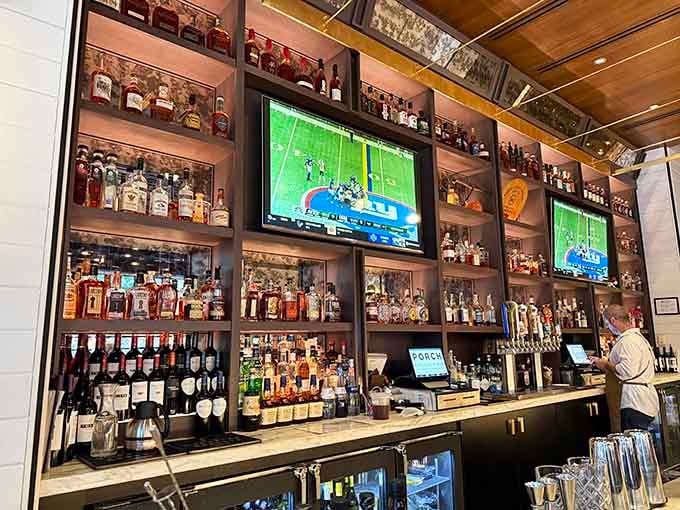 The bar showcases an impressive bourbon collection, because this is Kentucky and standards must be maintained.