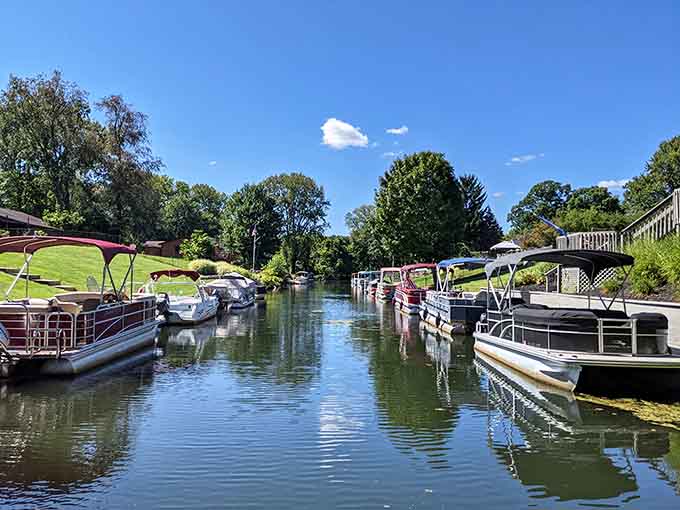 Pontoon boats lined up like they're waiting for the lake party to officially begin.