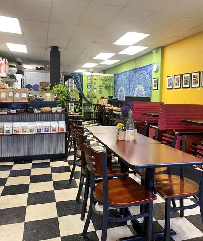 More cheerful interior angles showing why this place feels like your favorite aunt's kitchen, if she was really into vegan cooking.