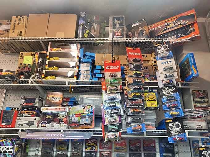 Collectible cars packed tighter than rush hour traffic, offering nostalgia by the shelf-full for prices that won't require therapy afterward.