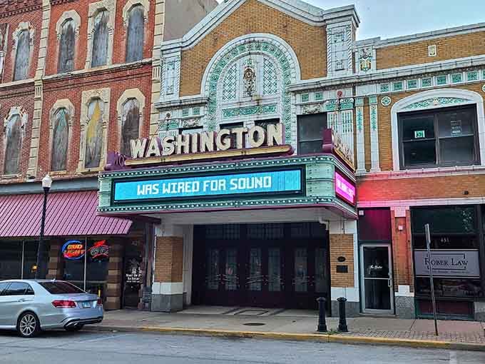 The Washington Theater's marquee announces entertainment in a building that remembers when movies were events, not just content.