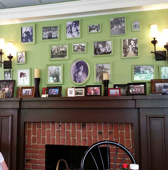 Vintage photos line the mantle, adding character and stories to every meal served in this welcoming space.