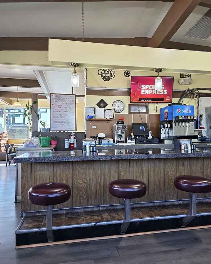 Counter seating with a view of the kitchen, where you can watch your breakfast dreams become reality.
