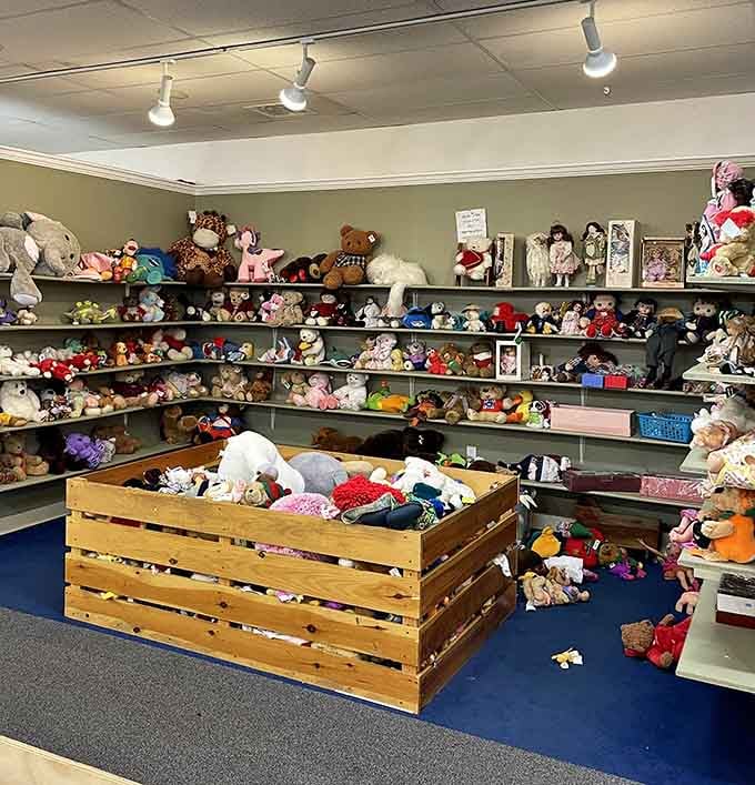 Plush toys lined up like a cuddly army, waiting to bring joy to kids or nostalgic adults.