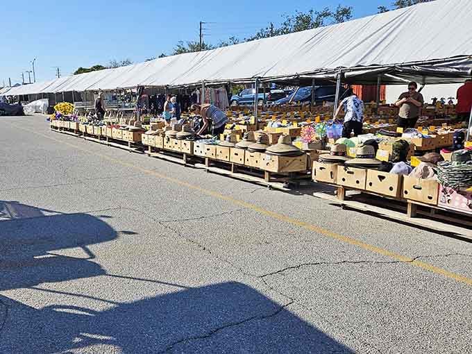 Outdoor vendors line up like a bazaar, offering everything under the actual Florida sun in true market tradition.