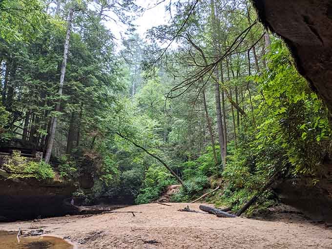 Cool shade beneath this massive overhang offers respite like nature's own air-conditioned waiting room for weary hikers.