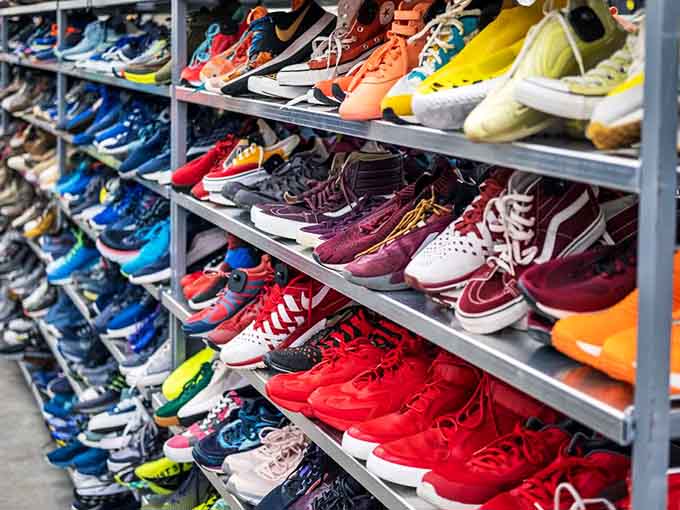 Shoe racks displaying everything from sneakers to dress shoes, organized by size like a proper store.