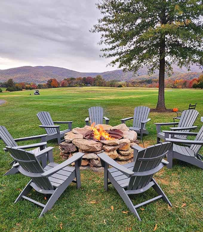 Fire pit seating with mountain backdrop creates the perfect spot for evening gatherings after your meal.