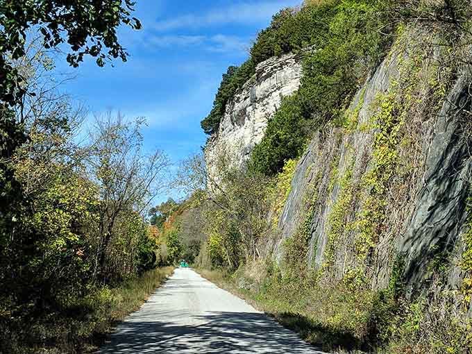 Limestone bluffs tower over the trail like nature's own skyscrapers, built millions of years before we invented concrete.