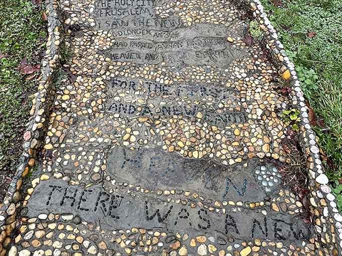 Biblical verses spelled out in stone create a literal path of inspiration beneath your feet.