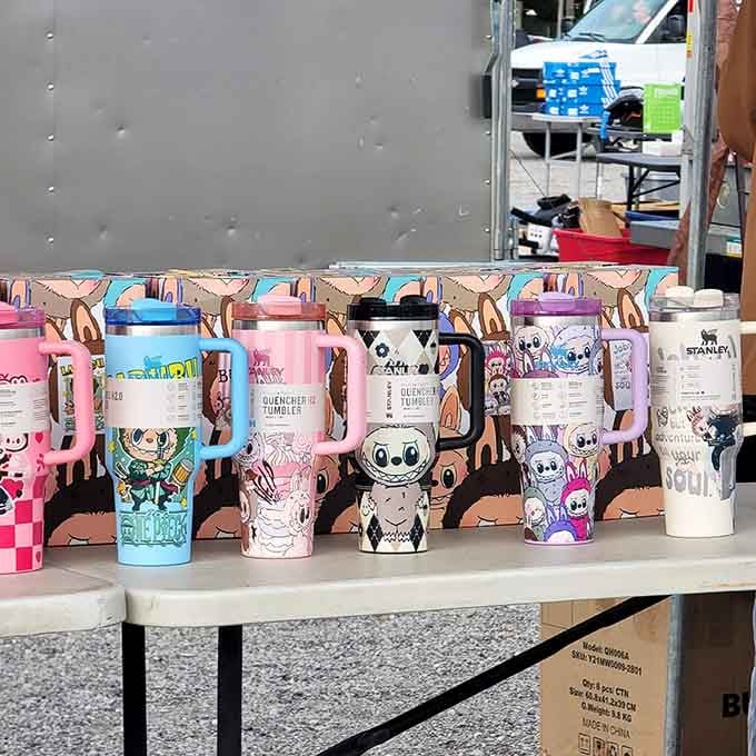 Character tumblers line up like a pop culture parade, keeping your beverages cold and your nostalgia warm.
