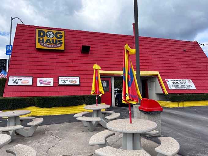 Outdoor seating with mountain views and hot dogs, proving simple pleasures are often the very best ones.