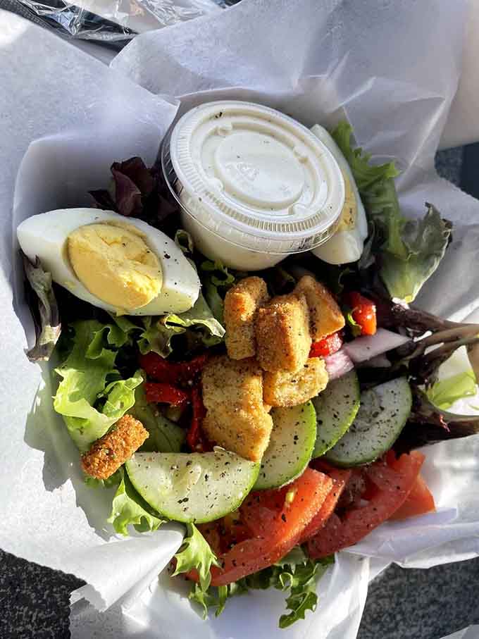 Even the salads here come with hush puppies because Safe Harbor understands what really matters in life and dining.
