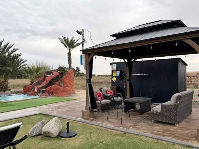 Covered outdoor lounging areas perfect for plotting your next adventure or simply enjoying the desert breeze like proper nobility.