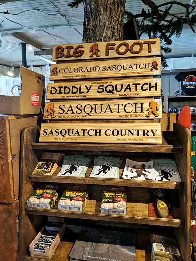 Wooden signs proclaiming "Big Foot" and "Diddly Squatch" sit above rescue kits, because humor and preparedness go hand in hand.