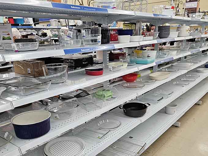 Baking dishes and serving platters stack up like a potluck waiting to happen, minus the questionable casserole contributions.