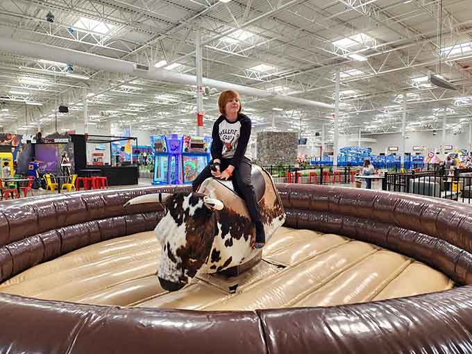 The mechanical bull awaits its next brave rider, offering eight seconds of glory or hilarious defeat for spectators.