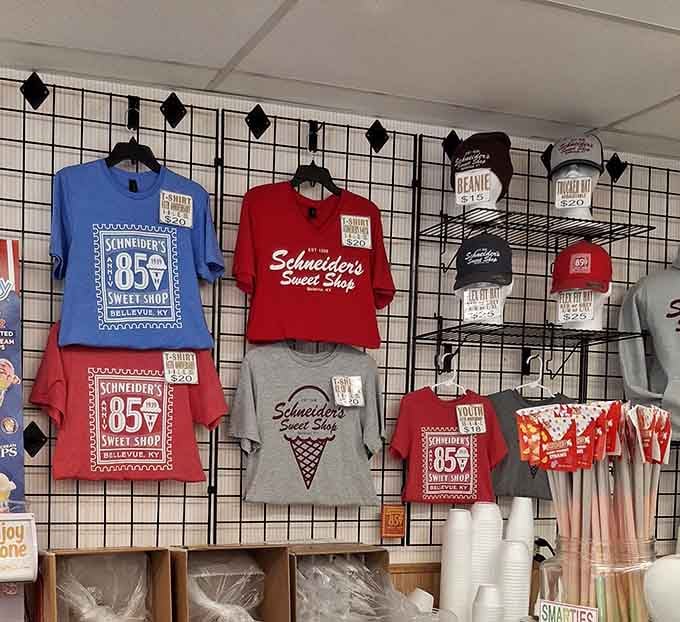 Branded merchandise proving that some people love this place enough to literally wear their sugar addiction with pride.