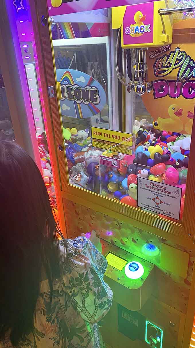Even the claw machine adds to the nostalgic charm, because why shouldn't dinner include a chance at winning something?
