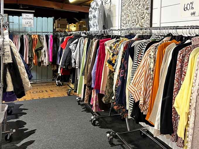 Racks of vintage clothing where fashion cycles back around, proving your mom was right about keeping everything.