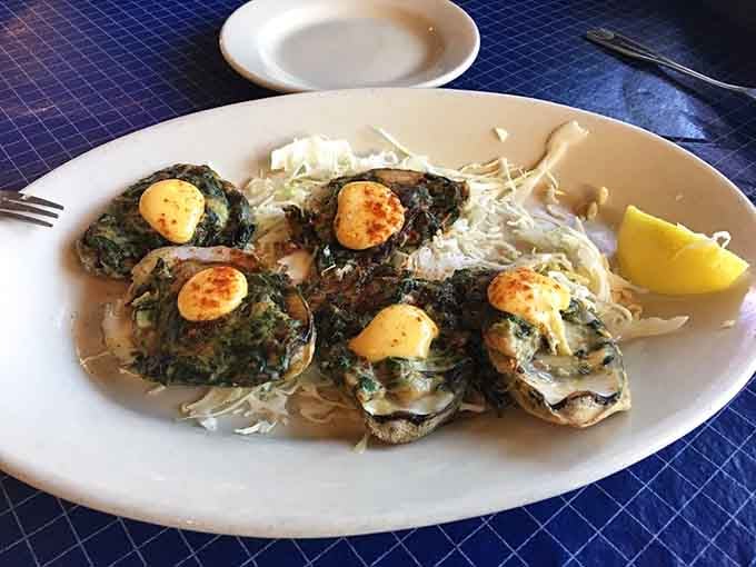 Oysters Rockefeller topped with that perfect golden crust make you understand why people get fancy about bivalves.