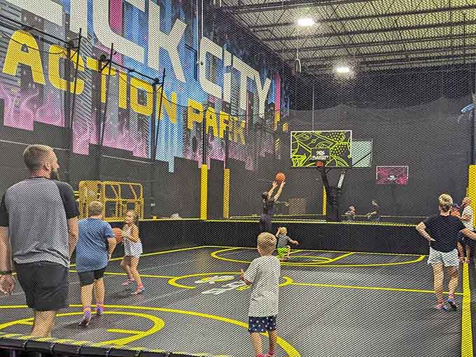 The basketball court lets kids shoot hoops and burn energy while parents contemplate their own athletic glory days.