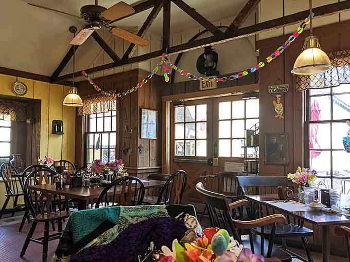 Rustic charm meets comfortable seating in a space designed for enjoying meals, not rushing through them like you're late.