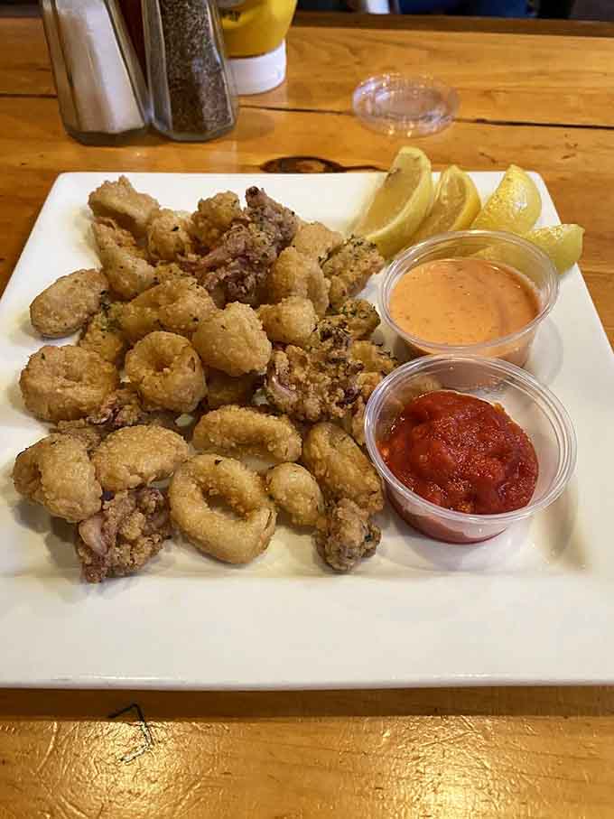 Golden calamari rings that prove the ocean's bounty travels well, even to elevation.