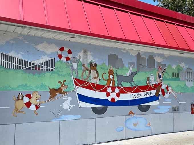 The whimsical mural featuring cartoon dogs adds charm without trying too hard to be Instagram-worthy or trendy.