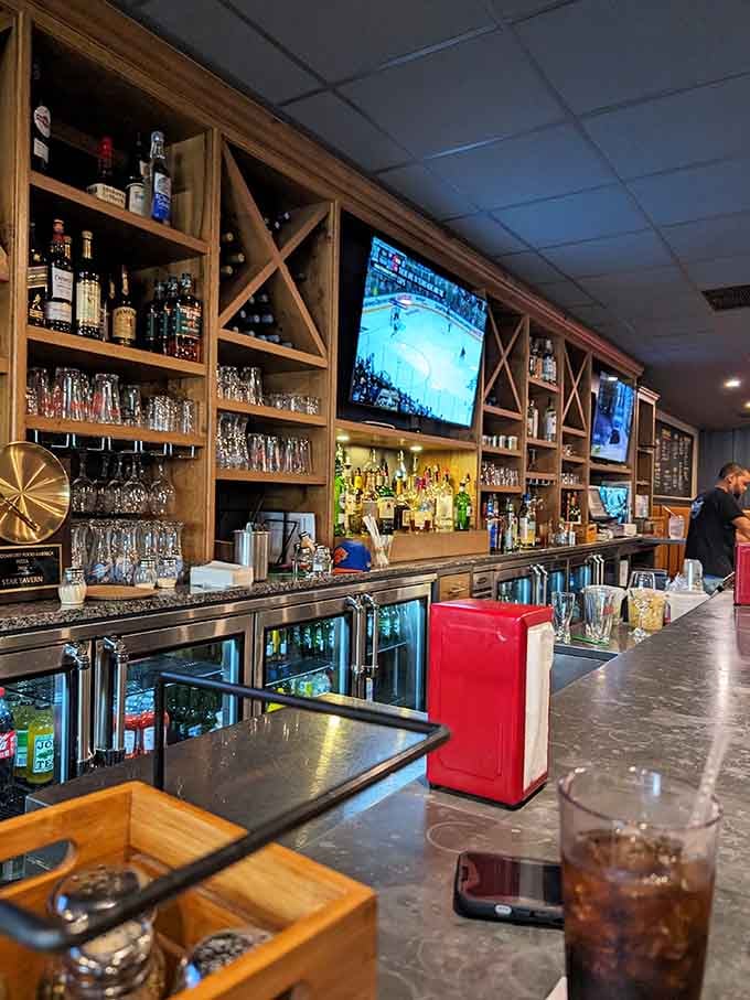 A bar setup that's ready for game day, date night, or Tuesday afternoon when you just need pizza.