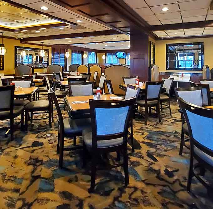 Spacious, well-lit, and inviting &ndash; this dining room understands that atmosphere matters almost as much as what's on your plate.